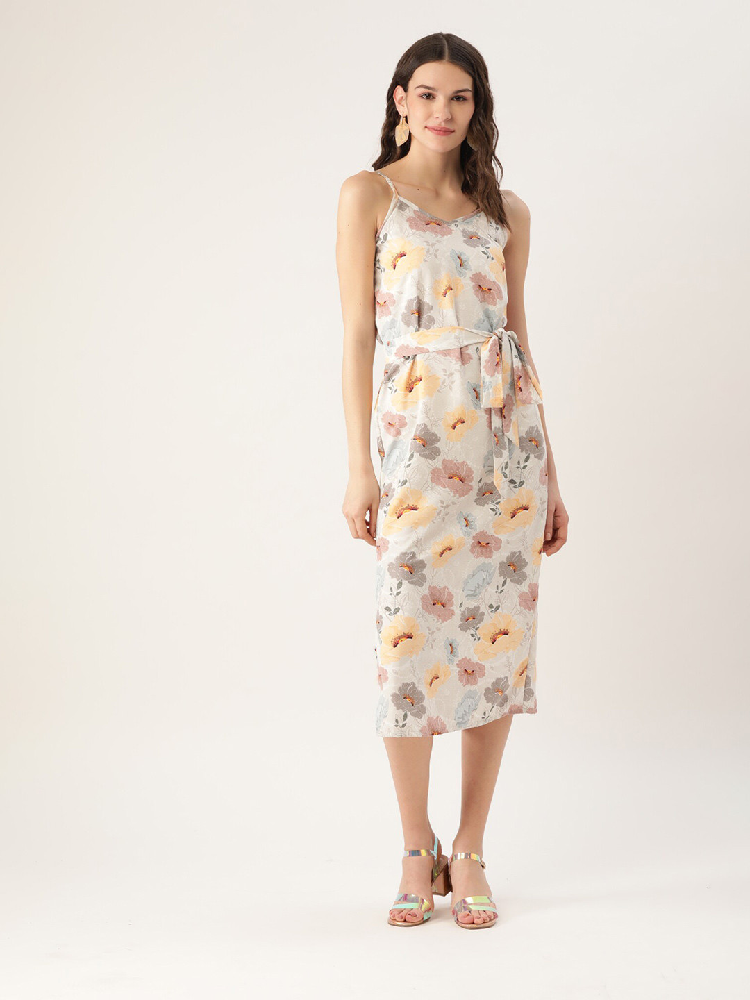 Buy Shiloh Off White & Peach Coloured Floral A Line Midi Dress - Ethnic ...