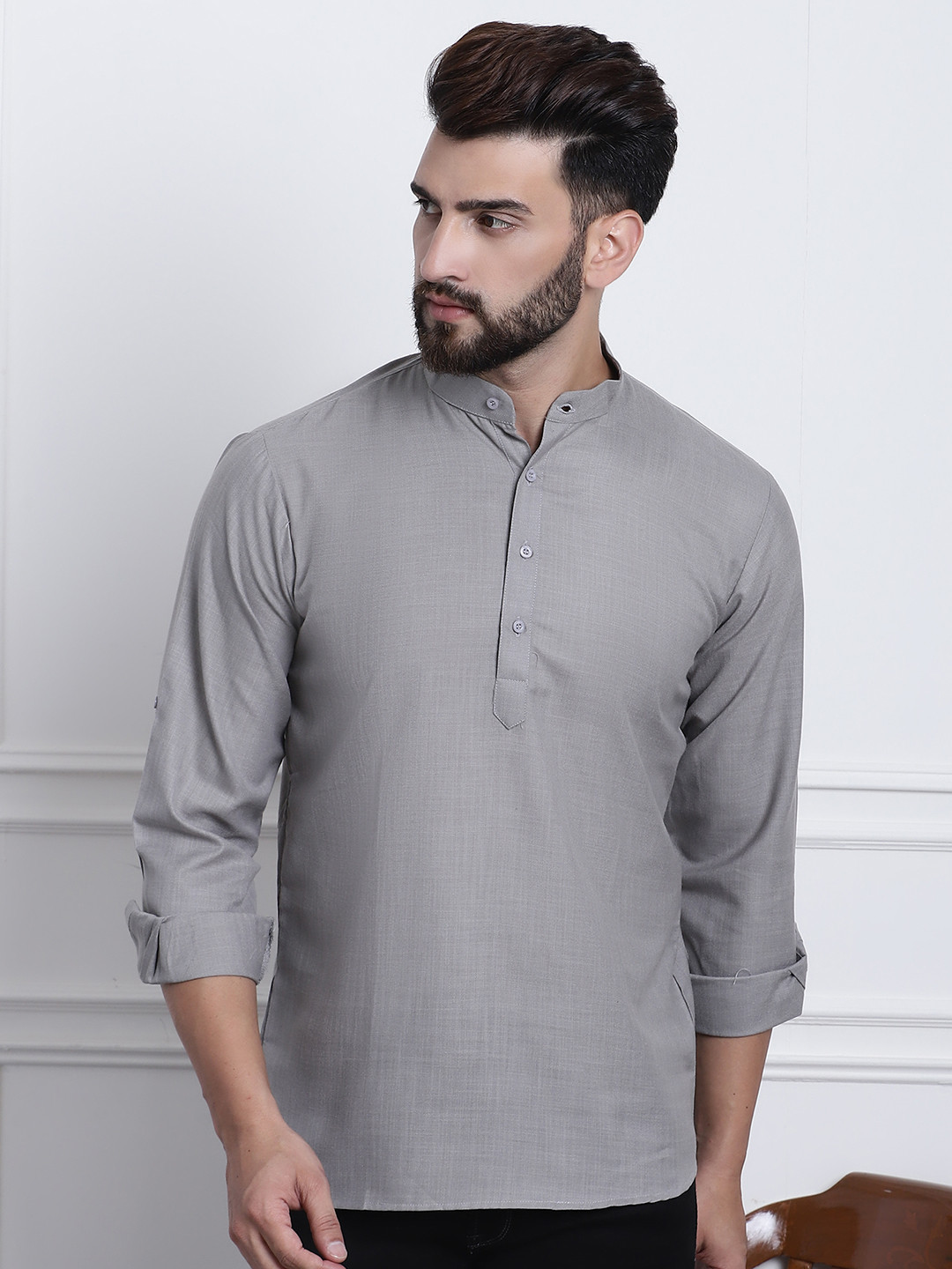 Buy Anug By SOJANYA Men Grey Band Collar Kurta - Kurtas for Men ...