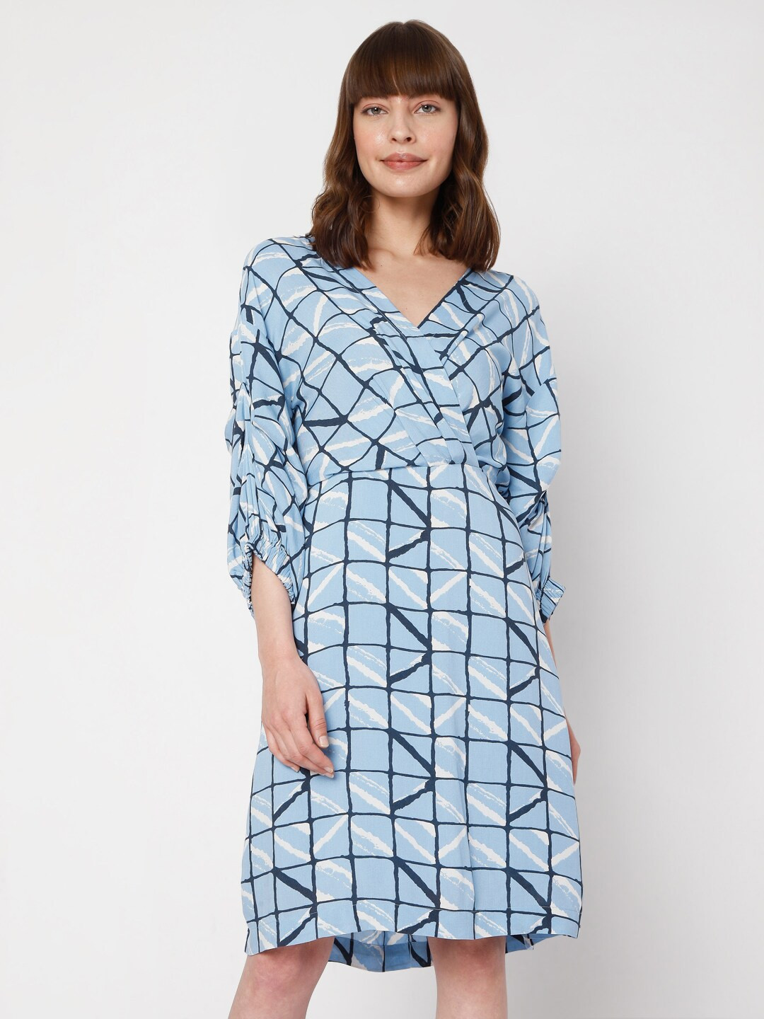 Buy Vero Moda Blue Geometric Printed Ruched Chambray Wrap Dress ...