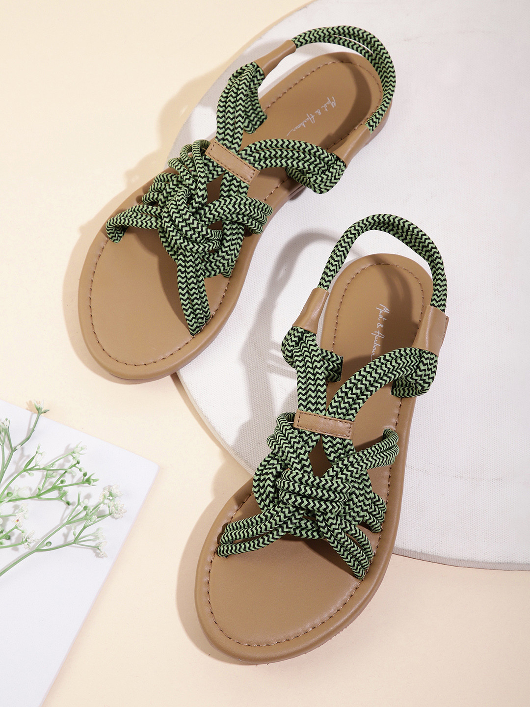 Buy Mast & Harbour Women Green & White Woven Design Open Toe Flats ...