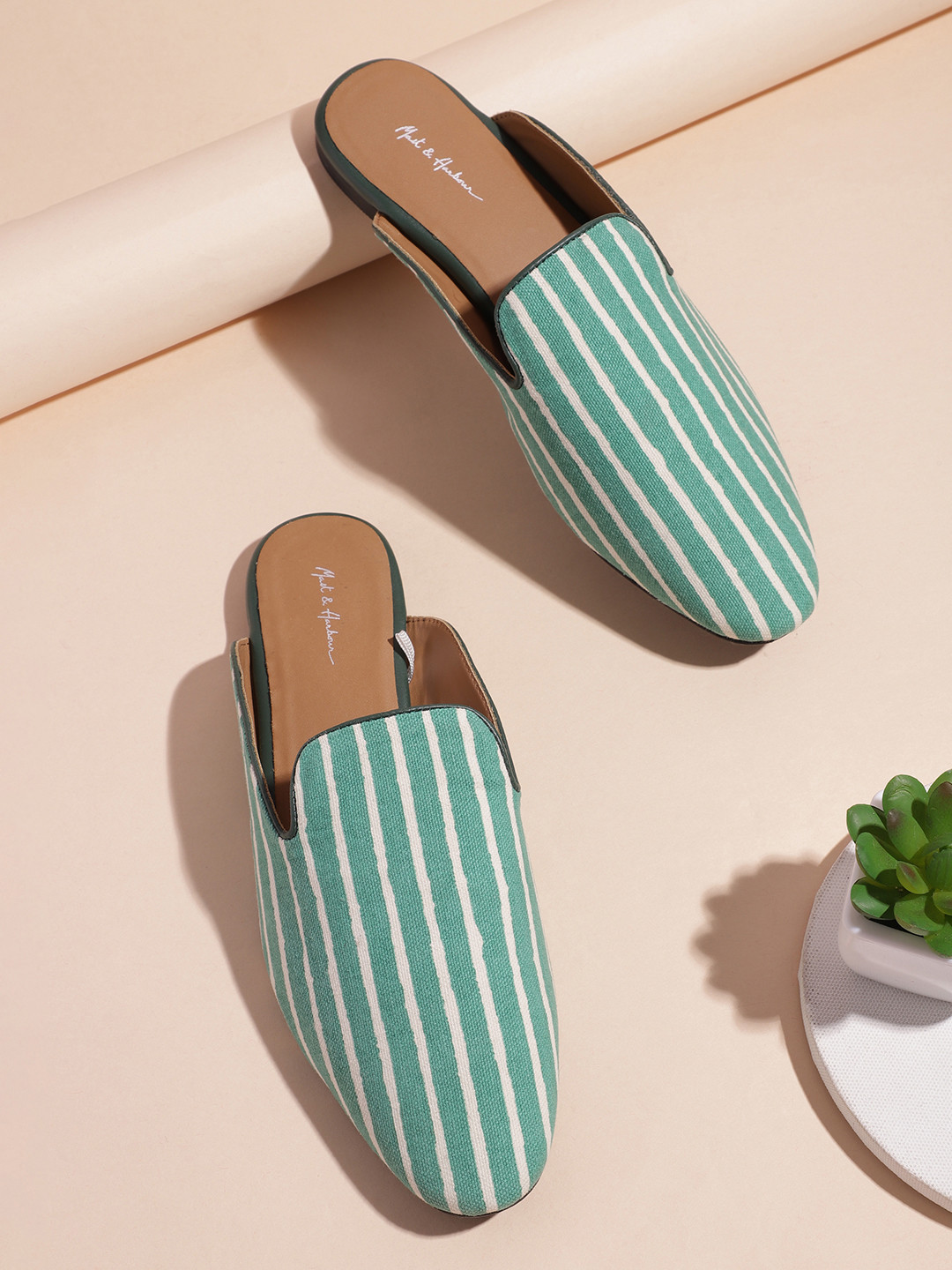 Buy Mast & Harbour Women Green & White Striped Mules - Flats for Women ...