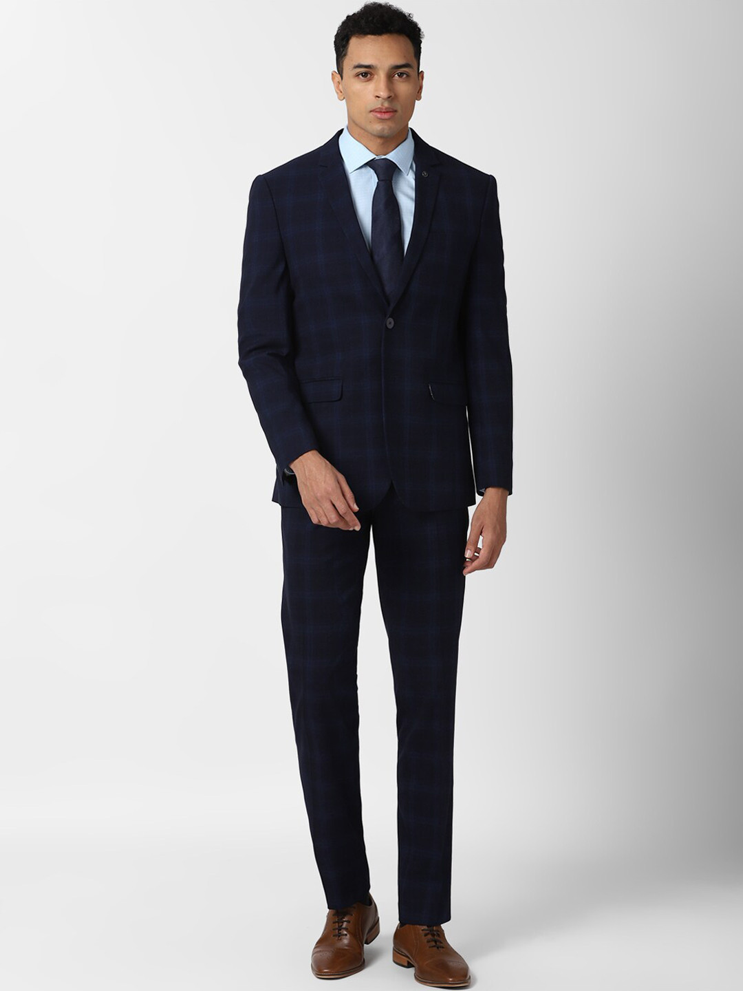 Buy Van Heusen Men Navy Blue Checked Slim Fit Single Breasted Two Piece ...