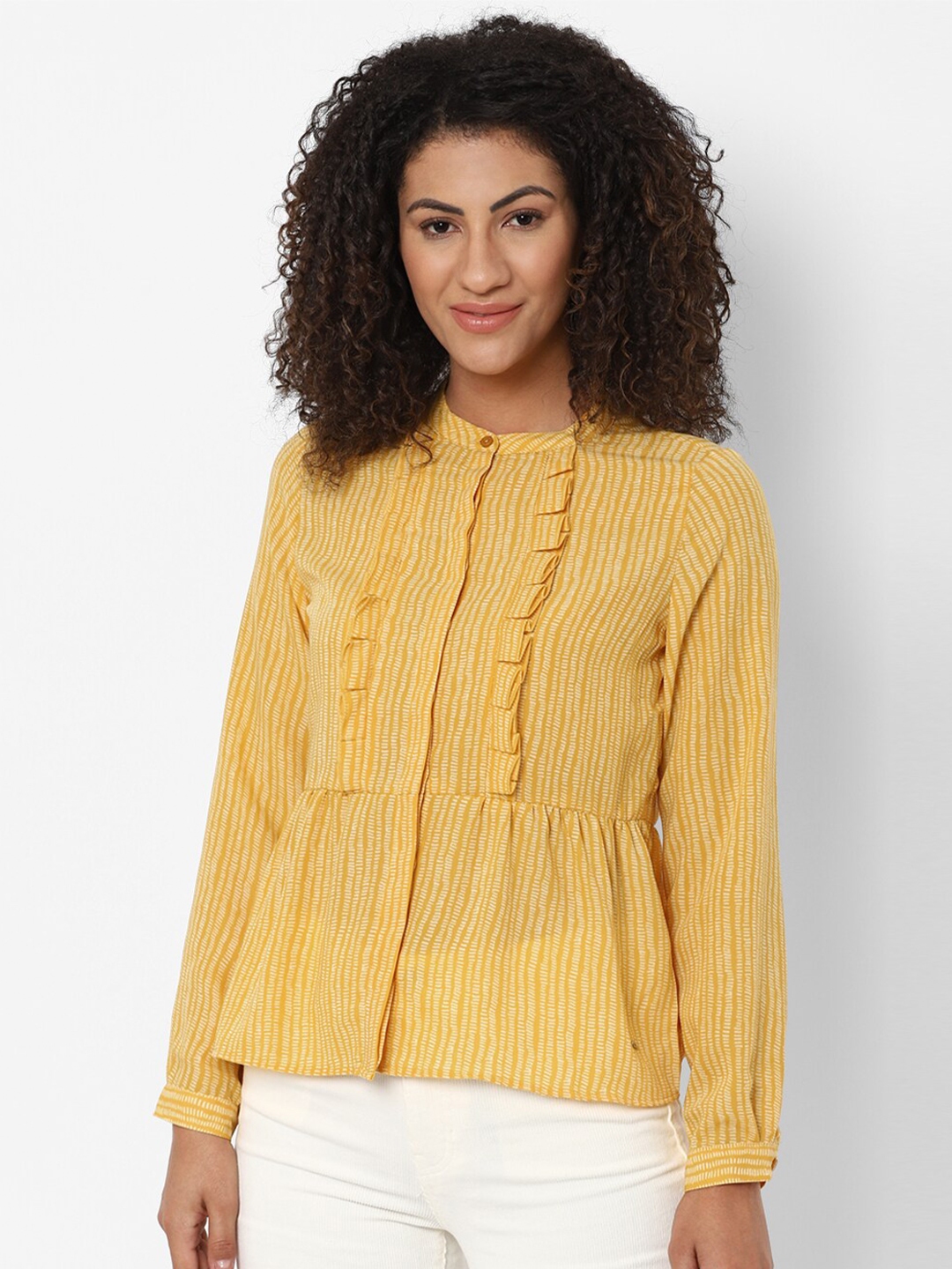 Buy Allen Solly Woman Yellow And White Striped Mandarin Collar Top Tops