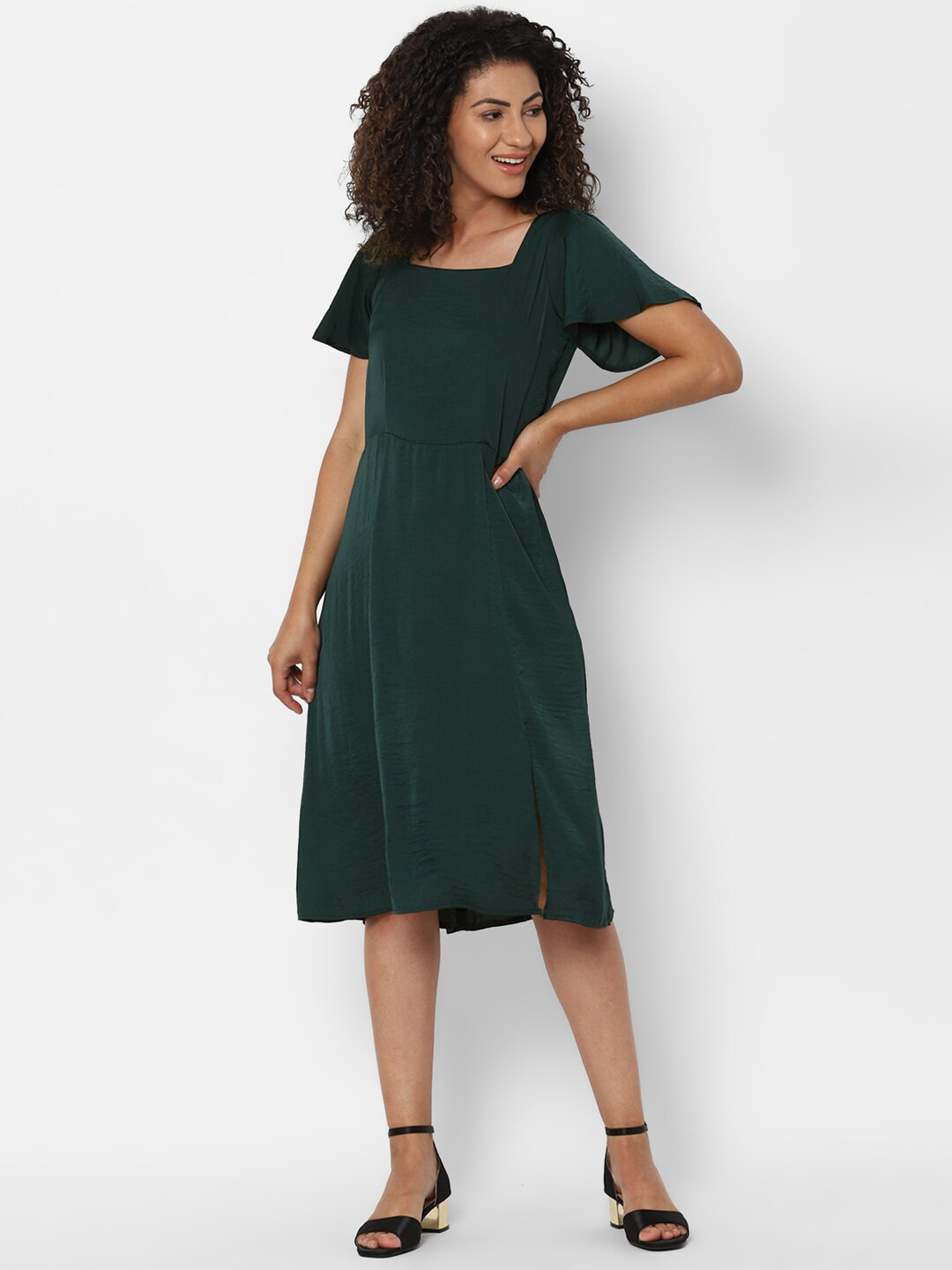 Buy Allen Solly Woman Women Olive Green Solid A Line Dress - Dresses ...
