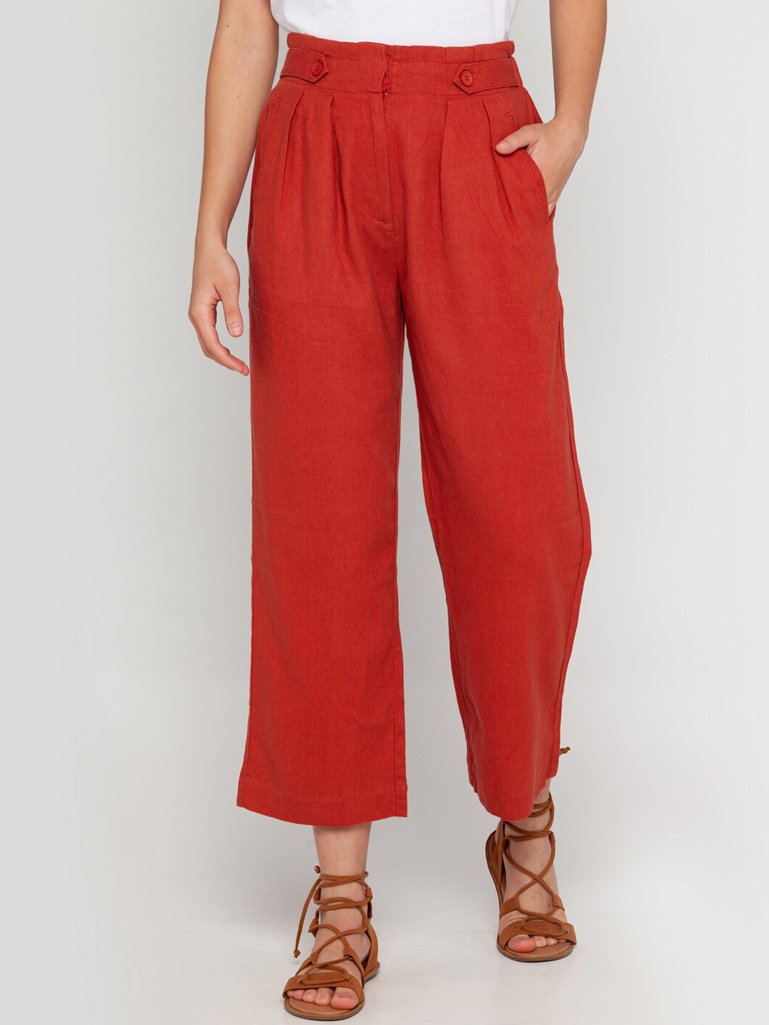Buy Zink London Women Red High Rise Pleated Trousers - Trousers for ...