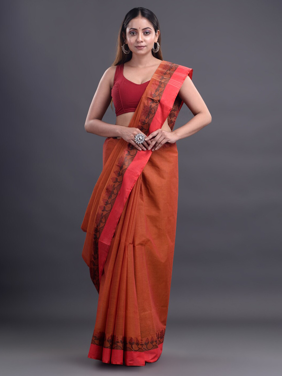 Buy Mitera Rust & Red Pure Cotton Taant Saree - Sarees for Women ...