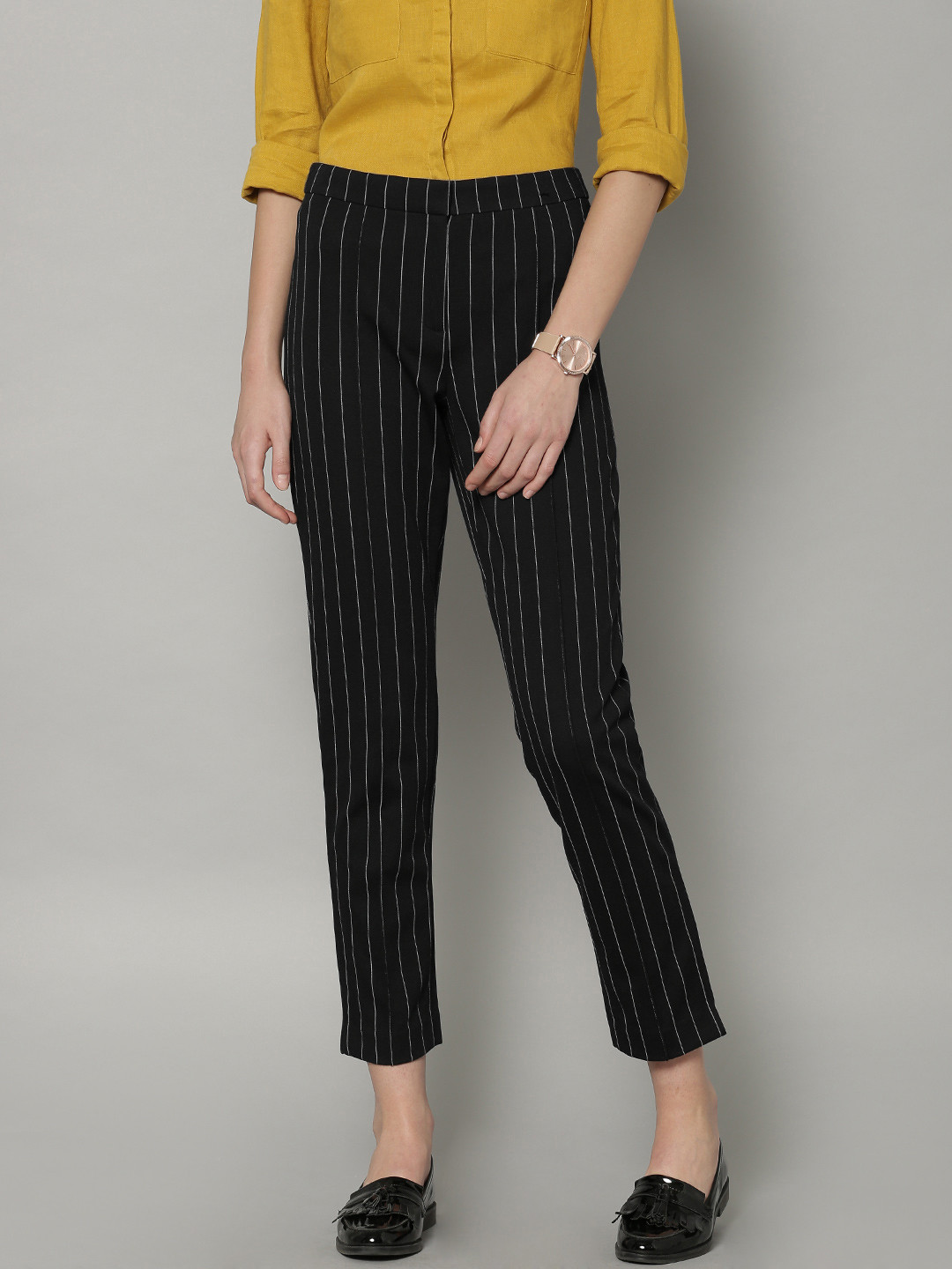 Buy Marks & Spencer Women Black & White Striped Slim Fit Trousers ...