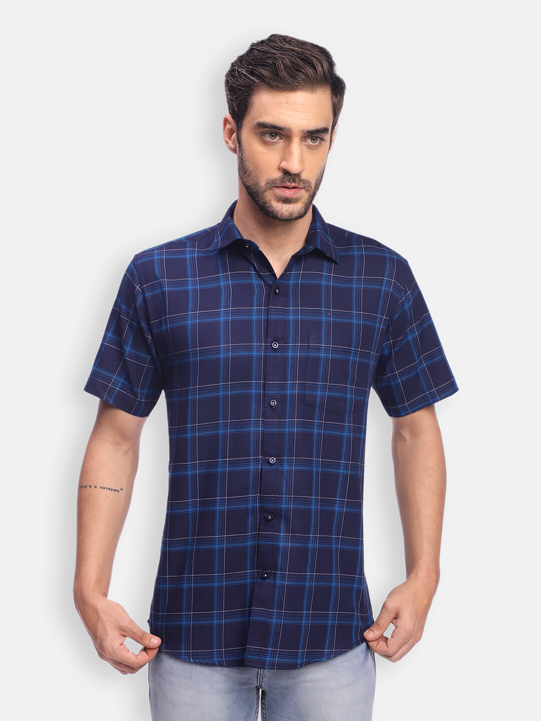 Buy Zeal Men Navy Blue Standard Checked Casual Shirt - Shirts for Men ...