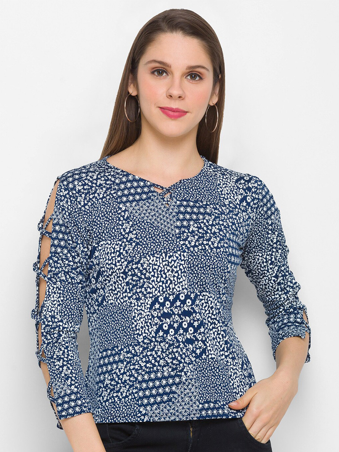 Buy Globus Navy Blue & White Ditsy Floral Print Top - Tops for Women ...