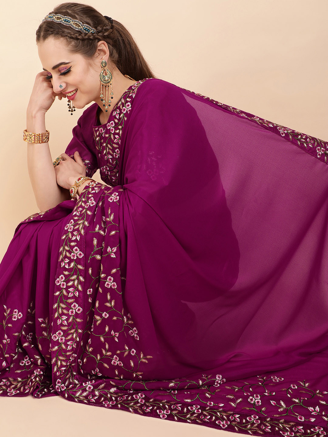 Buy Sangria Purple Silk Blend Batik Embroidered Saree - Sarees for ...