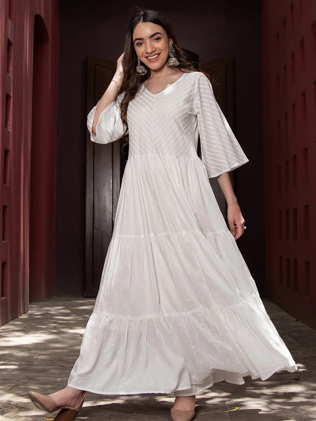 Buy Rustorange White Tiered Maxi Dress - Ethnic Dresses for Women ...