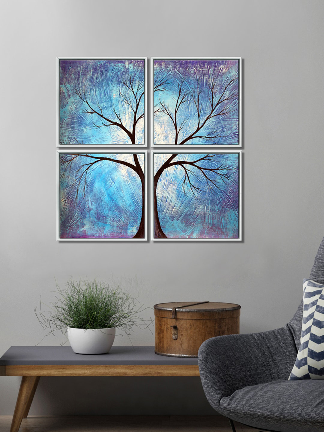 Buy 999Store Set Of 4 Sky Blue Tree Canvas Painting Wall Art - Wall Art ...