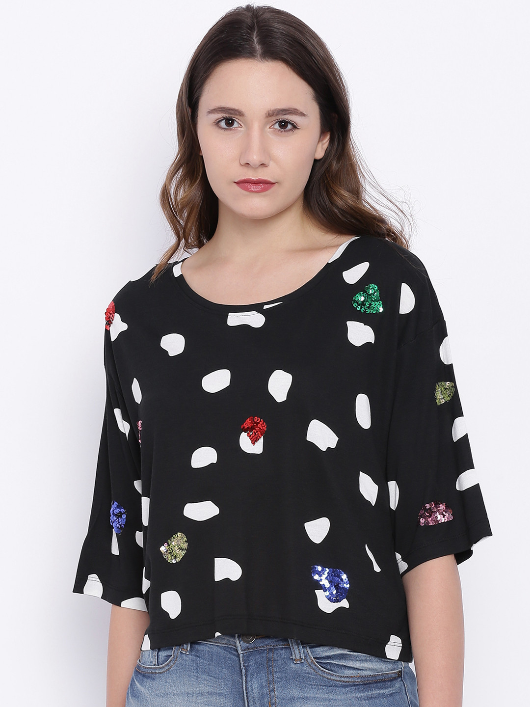 Buy ONLY Women Black & White Self Design Boxy Top - Tops for Women ...