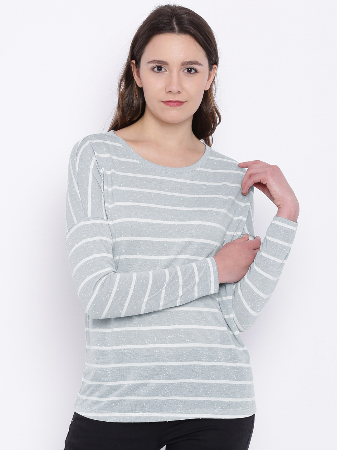 Buy ONLY Women Grey & White Striped Top - Tops for Women 1750693 | Myntra