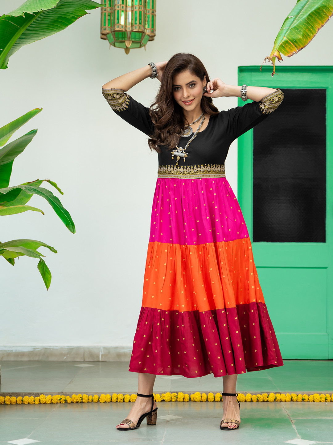 Buy Rustorange Black & Pink Colourblocked Polka Printed Gotta Patti ...