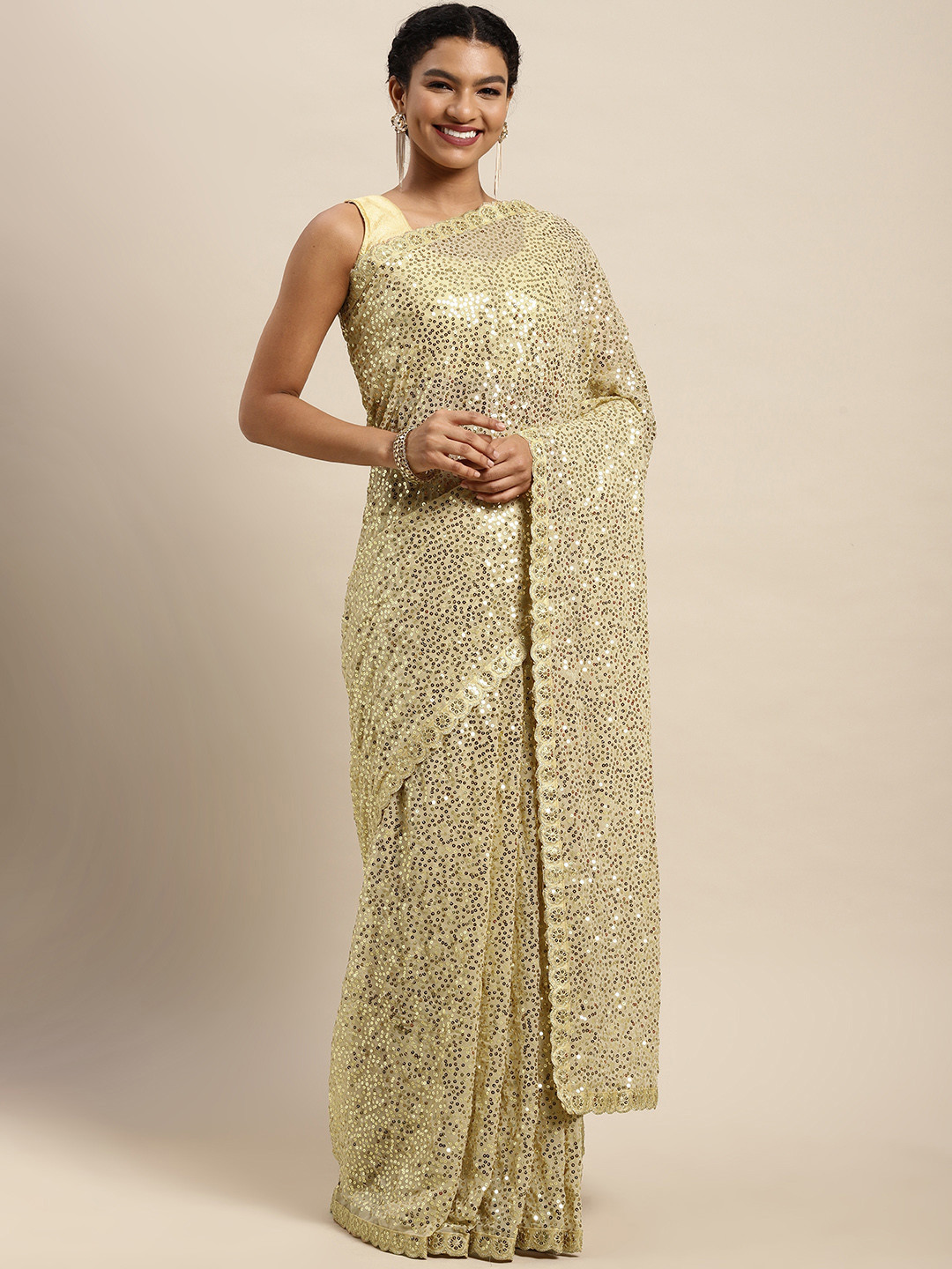 Buy Mitera Beige Sequinned Saree - Sarees for Women 17509568 | Myntra