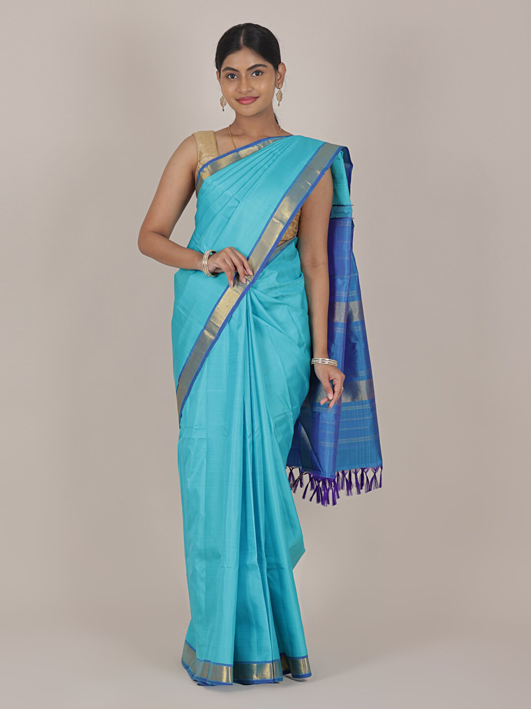 Buy Pothys Blue & Gold Toned Zari Pure Kanchipuram Silk Saree - Sarees ...