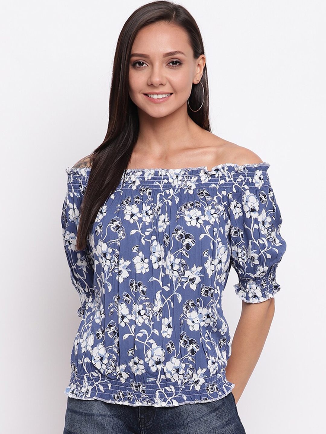 Buy Mayra Blue And White Floral Print Off Shoulder Bardot Top Tops For