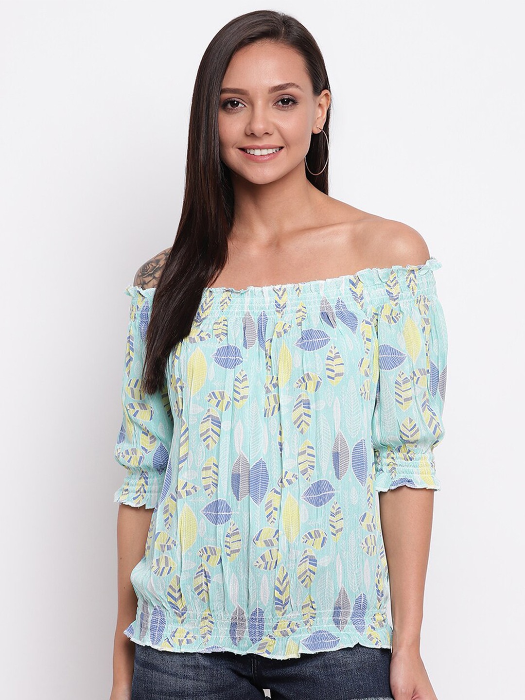 Buy Mayra Blue Floral Print Off Shoulder Bardot Top Tops For Women