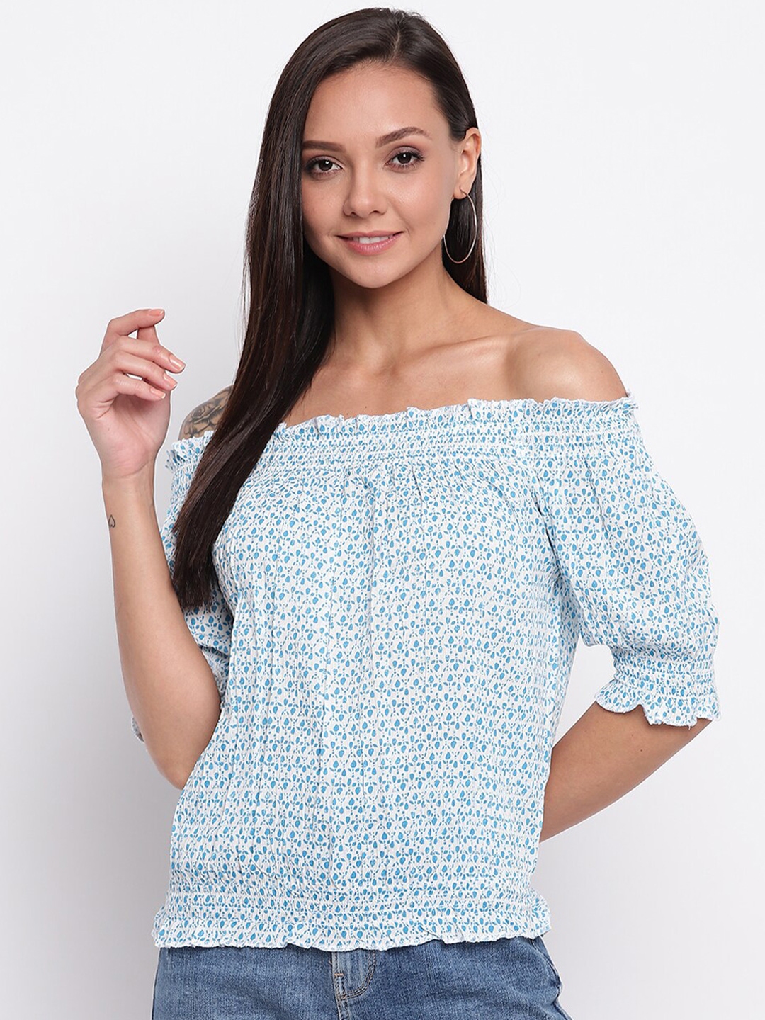 Buy Mayra Blue Geometric Print Off Shoulder Bardot Top Tops For Women