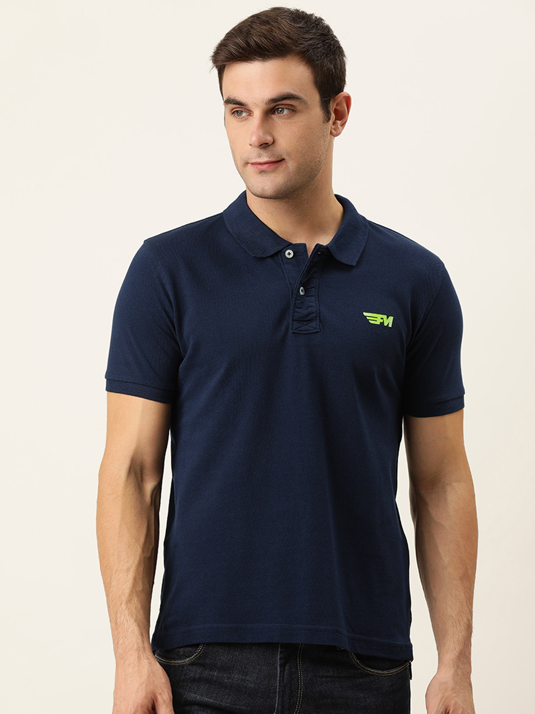 Buy Flying Machine Men Navy Blue Polo Collar Pure Cotton T Shirt ...