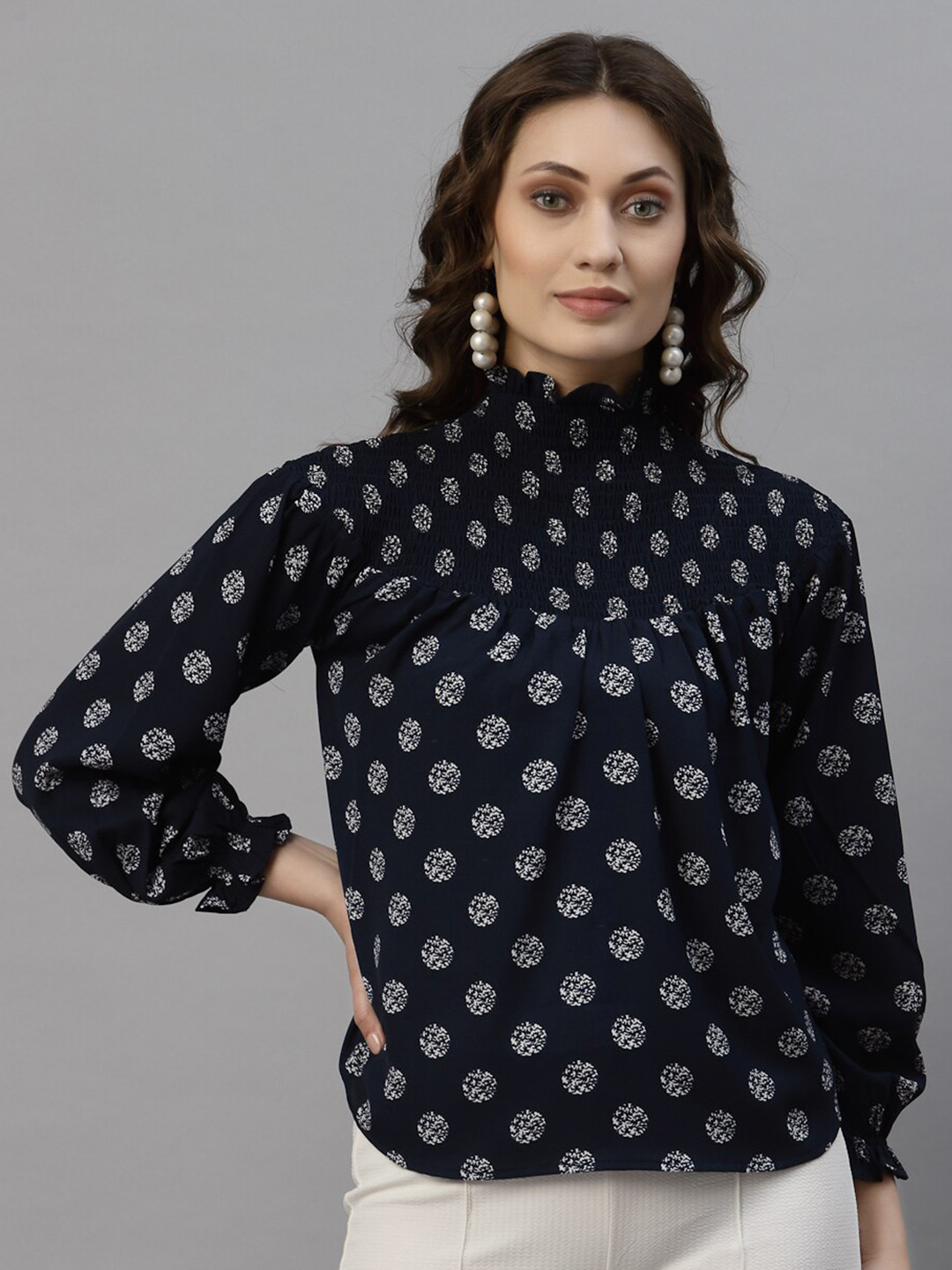 Buy Style Quotient Navy Blue Smocked Crepe High Neck Top - Tops for ...