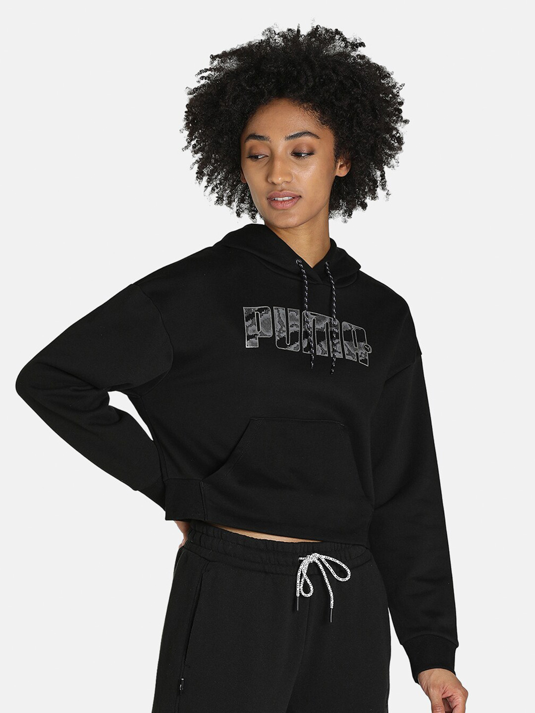 Buy Puma Women Black Cotton Relaxed Fit Crop Hooded Sweatshirt ...