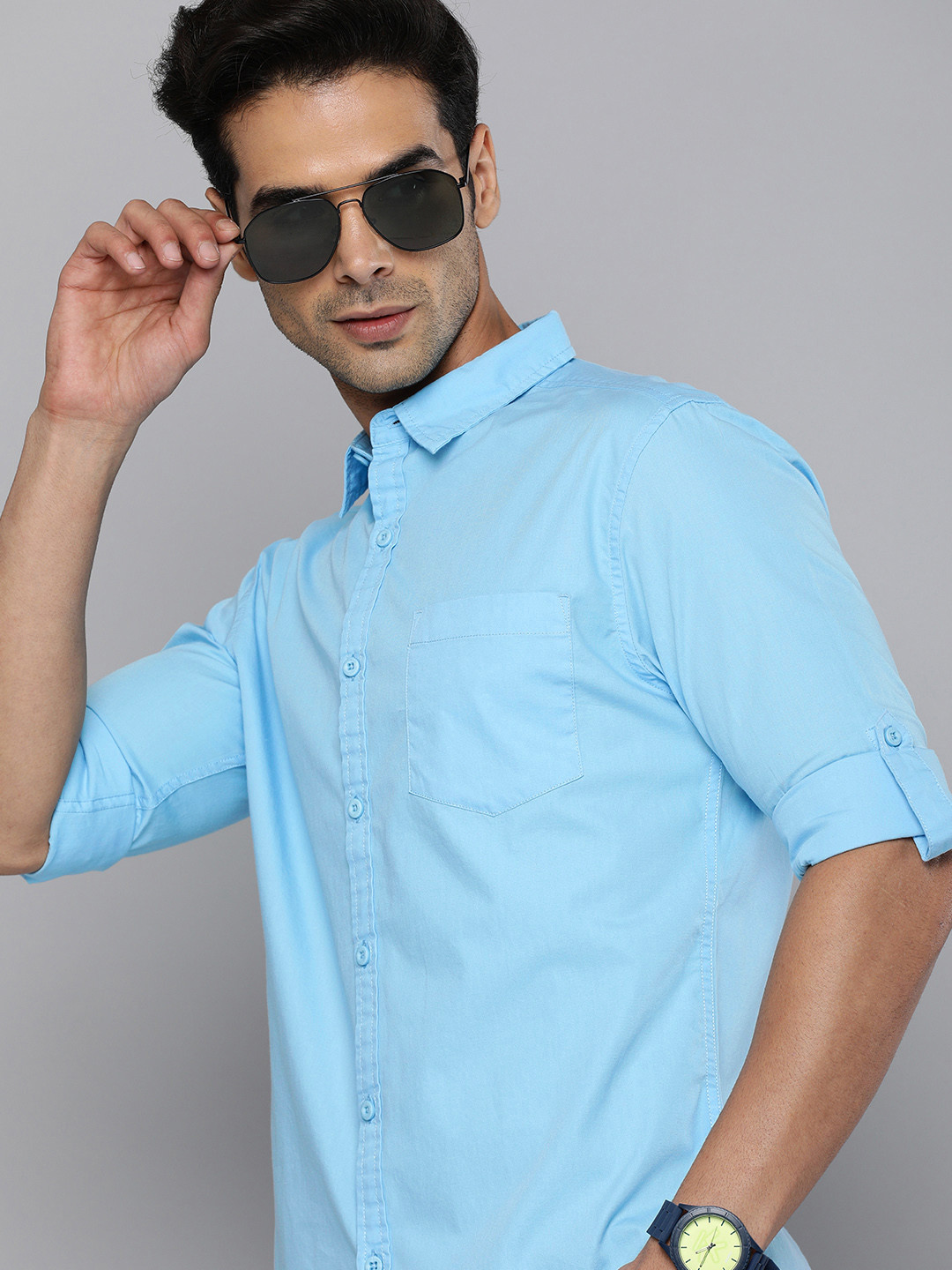 Buy HERE&NOW Men Light Blue Solid Slim Fit Pure Cotton Sustainable ...