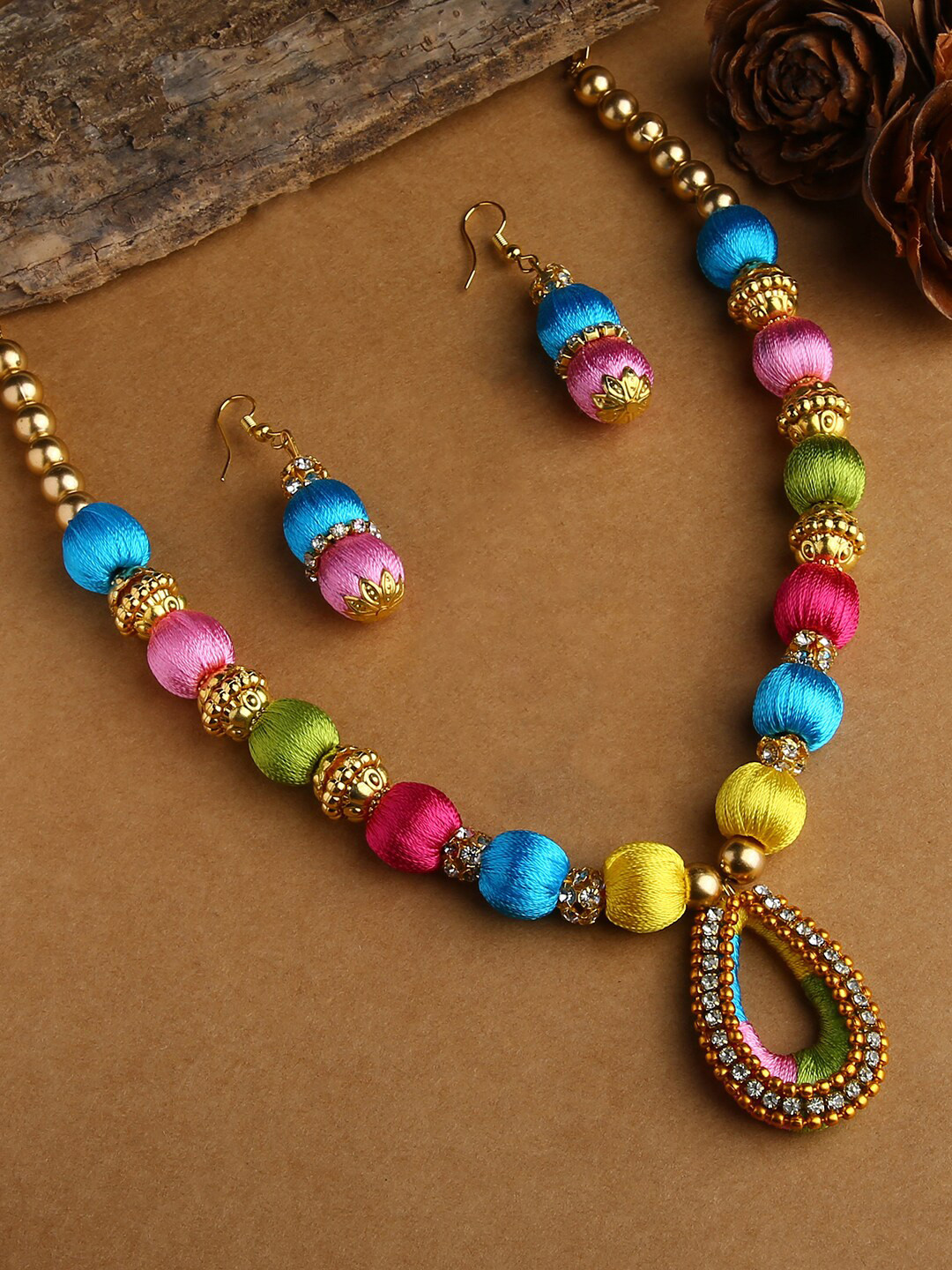 Buy AKSHARA Gold Plated & Blue Beaded Silk Thread Jewellery Set ...