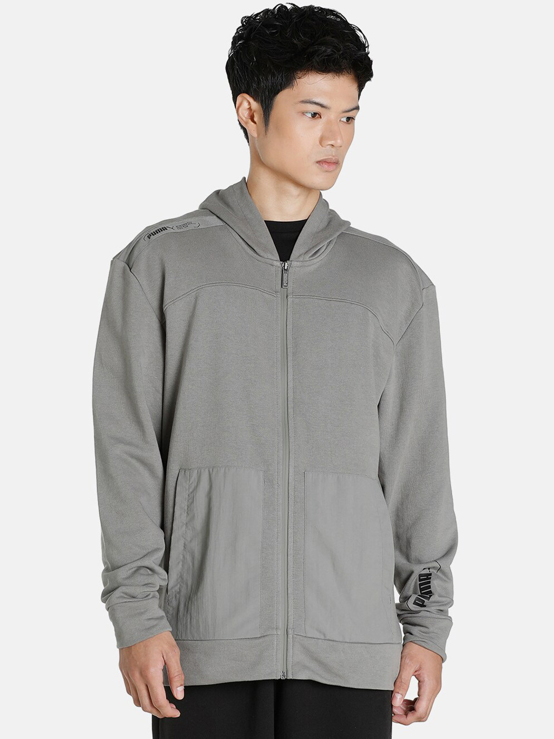 Buy Puma Men Grey Hooded Cotton Sporty Track Jacket - Jackets for Men ...
