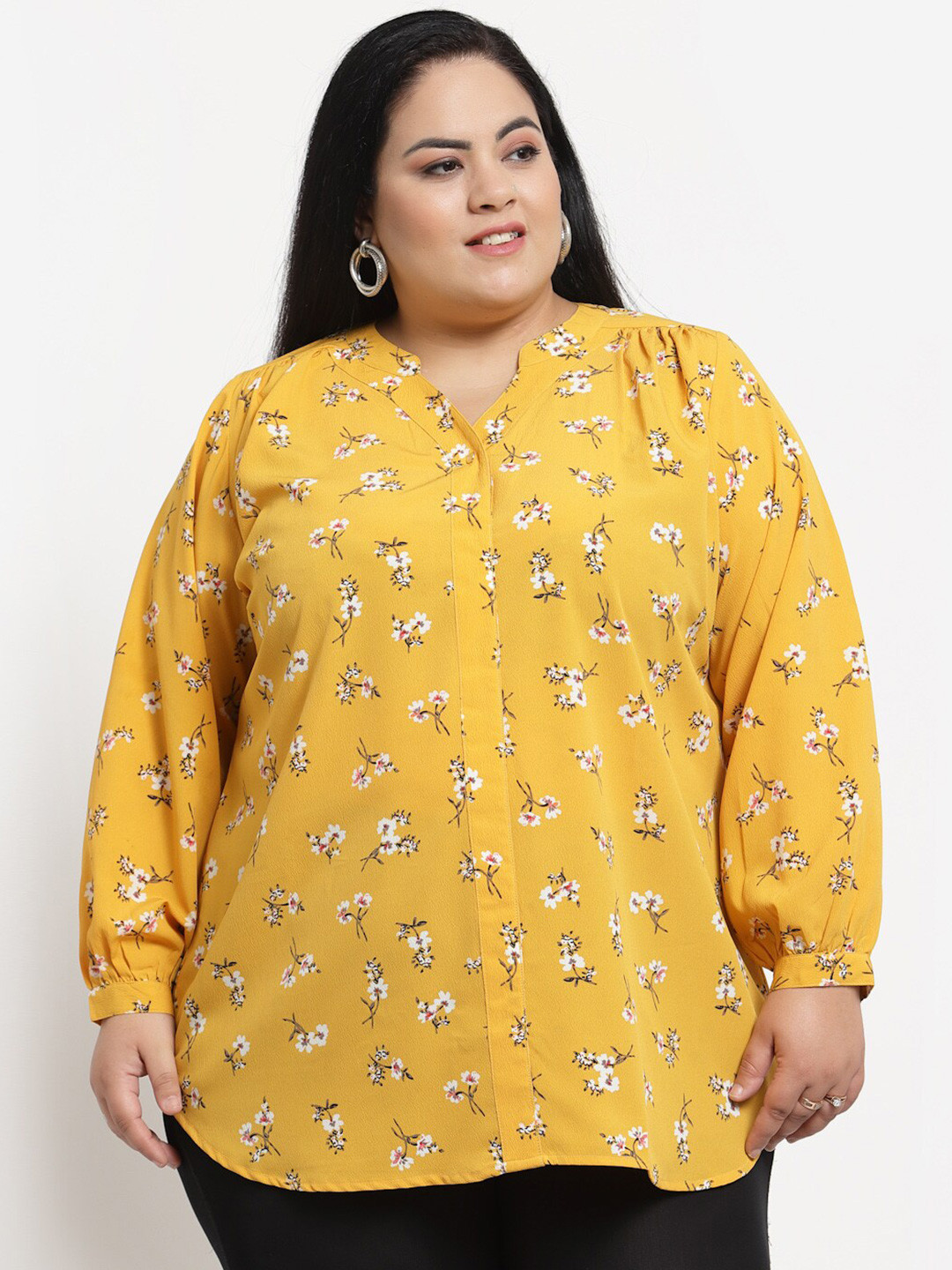 Buy PlusS Plus Size Mustard Yellow & White Floral Print Mandarin Collar ...