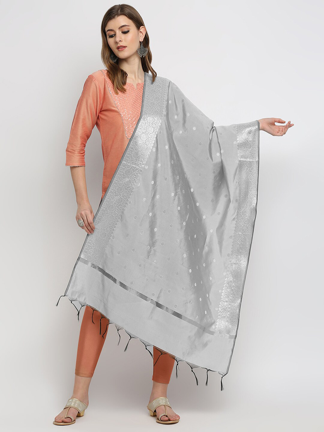 Buy Dupatta Bazaar Silver Toned Woven Design Banarasi Silk Dupatta ...