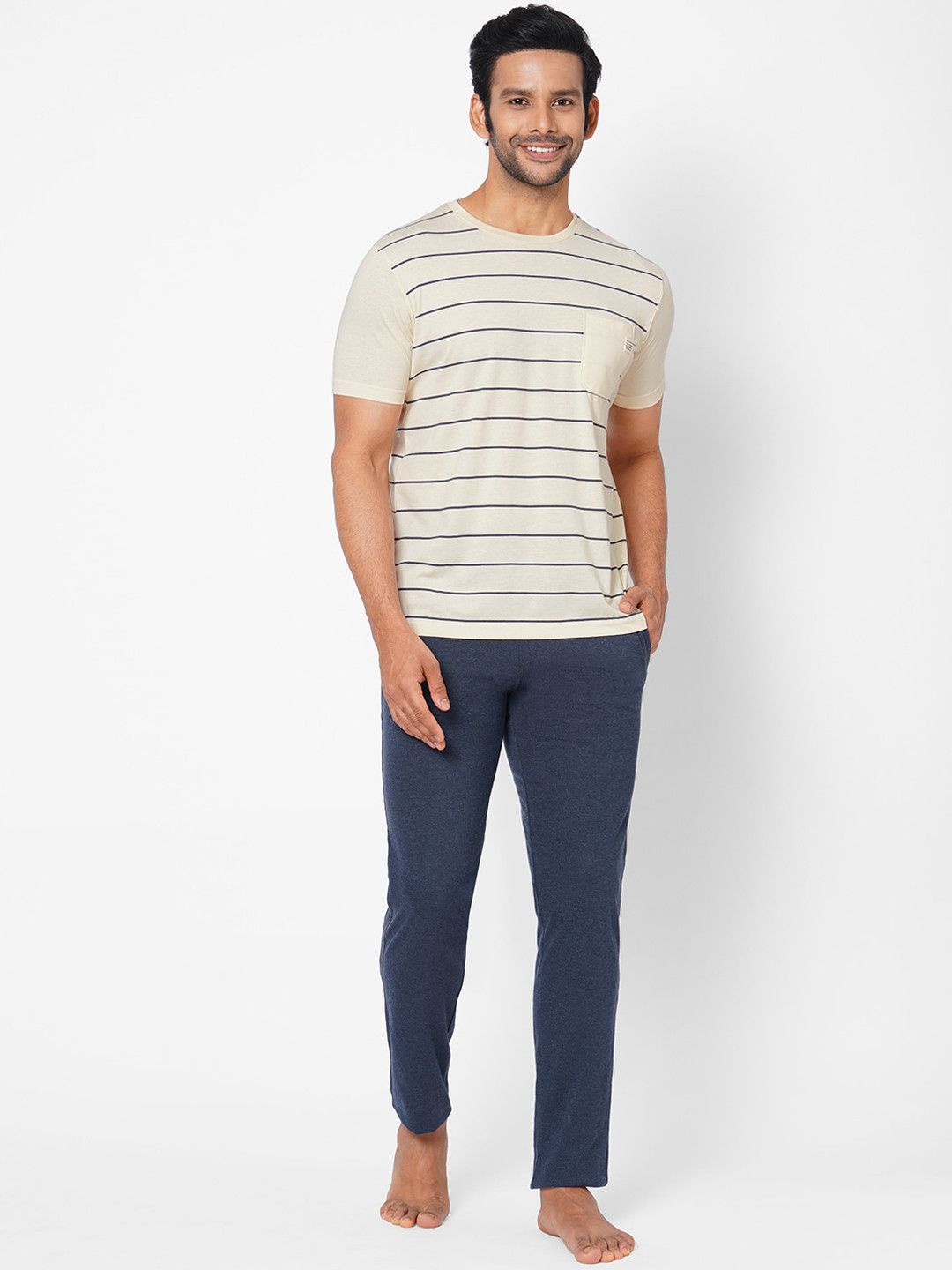 Buy Sweet Dreams Men Navy Blue & White Striped Pure Cotton Night Suit ...