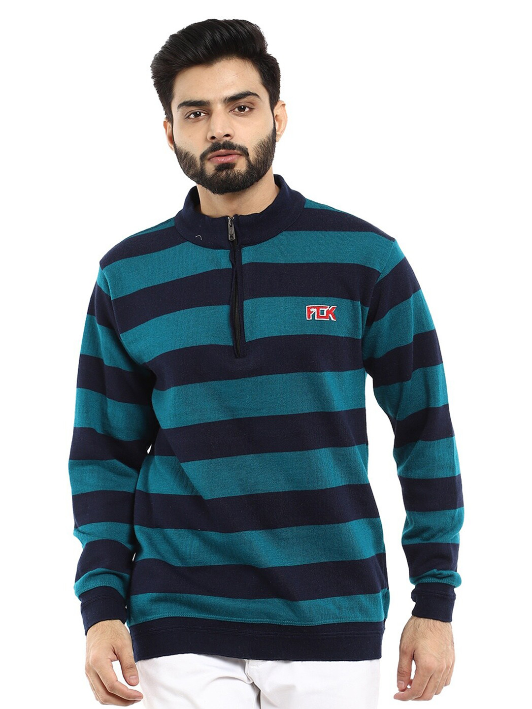 Buy V Mart Men Turquoise Blue & Navy Blue Striped Cotton Pullover ...