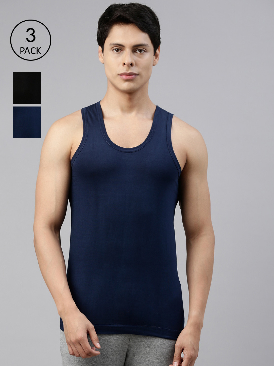 Buy DIXCY SCOTT Men Navy Blue & Black Cotton Innerwear Vests Pack Of 3 ...