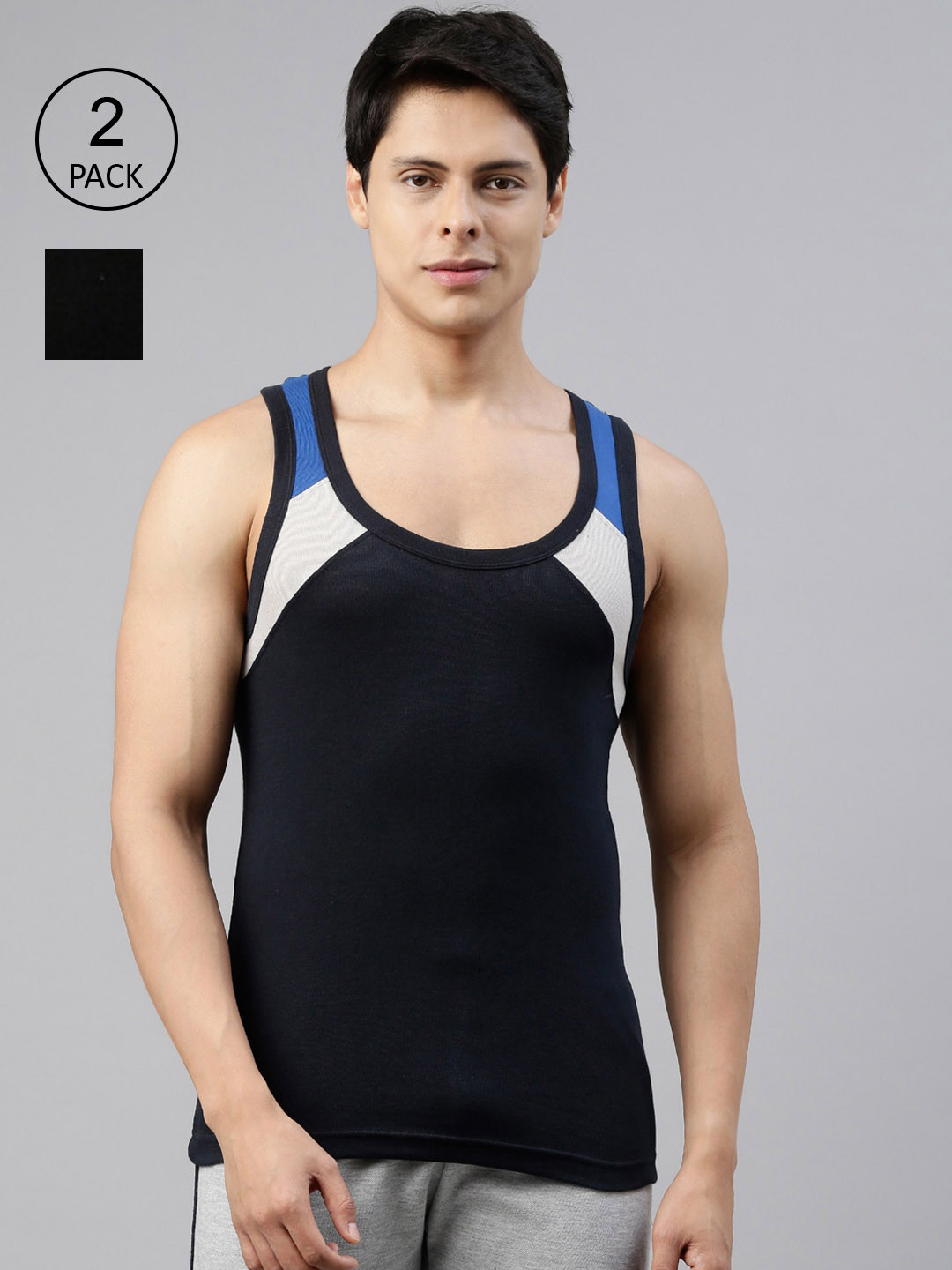 Buy DIXCY SCOTT Men Black & Navy Blue Solid Cotton Innerwear Gym Vests ...