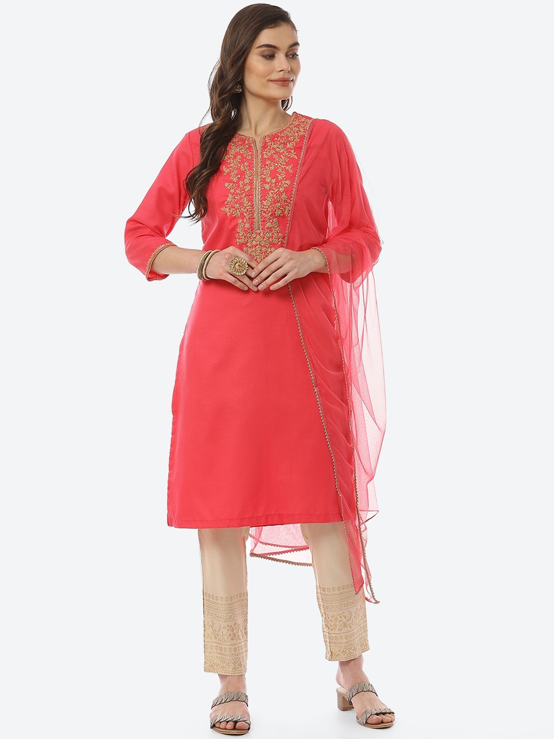 Buy Biba Women Fuchsia Yoke Design Pure Cotton Kurta With Trousers