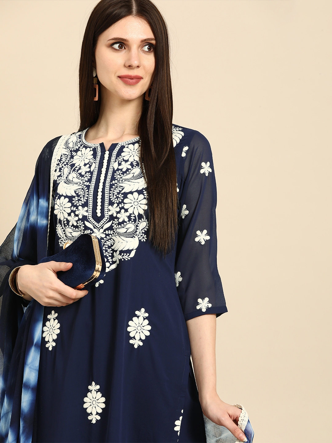 Buy Anouk Women Navy Blue And White Ethnic Motifs Embroidered Kurta With