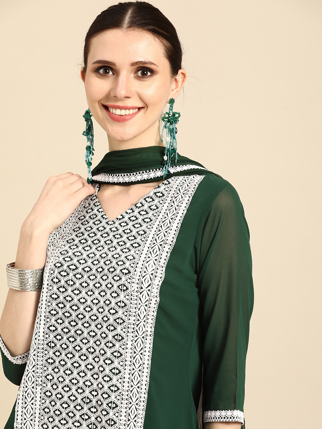 Buy Anouk Women Green And White Ethnic Motifs Embroidered Straight Kurta