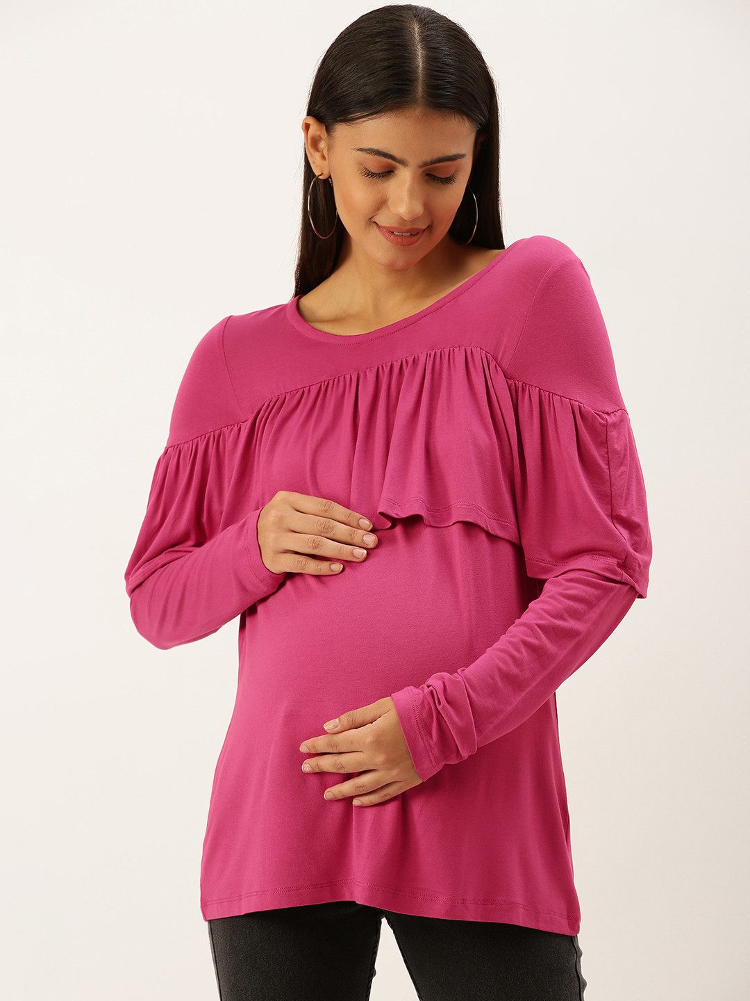 Buy Blush 9 Maternity Women Pink Solid Ruffles Detail Maternity Top ...