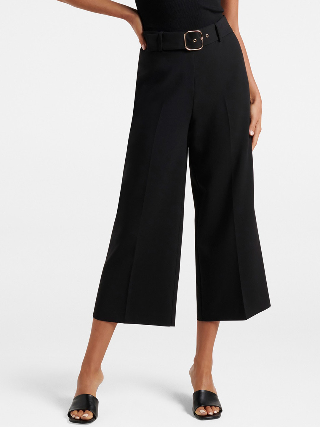 Buy Forever New Women Black Straight Fit Belted Culottes Trousers ...