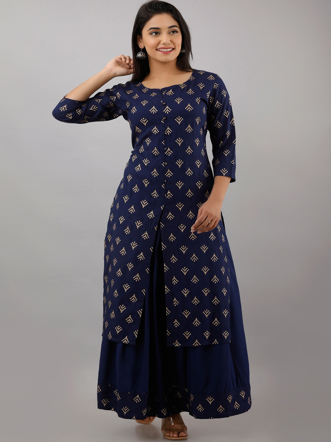 Buy KALINI Women Blue Ethnic Motifs High Slit Kurti With Skirt - Kurta ...