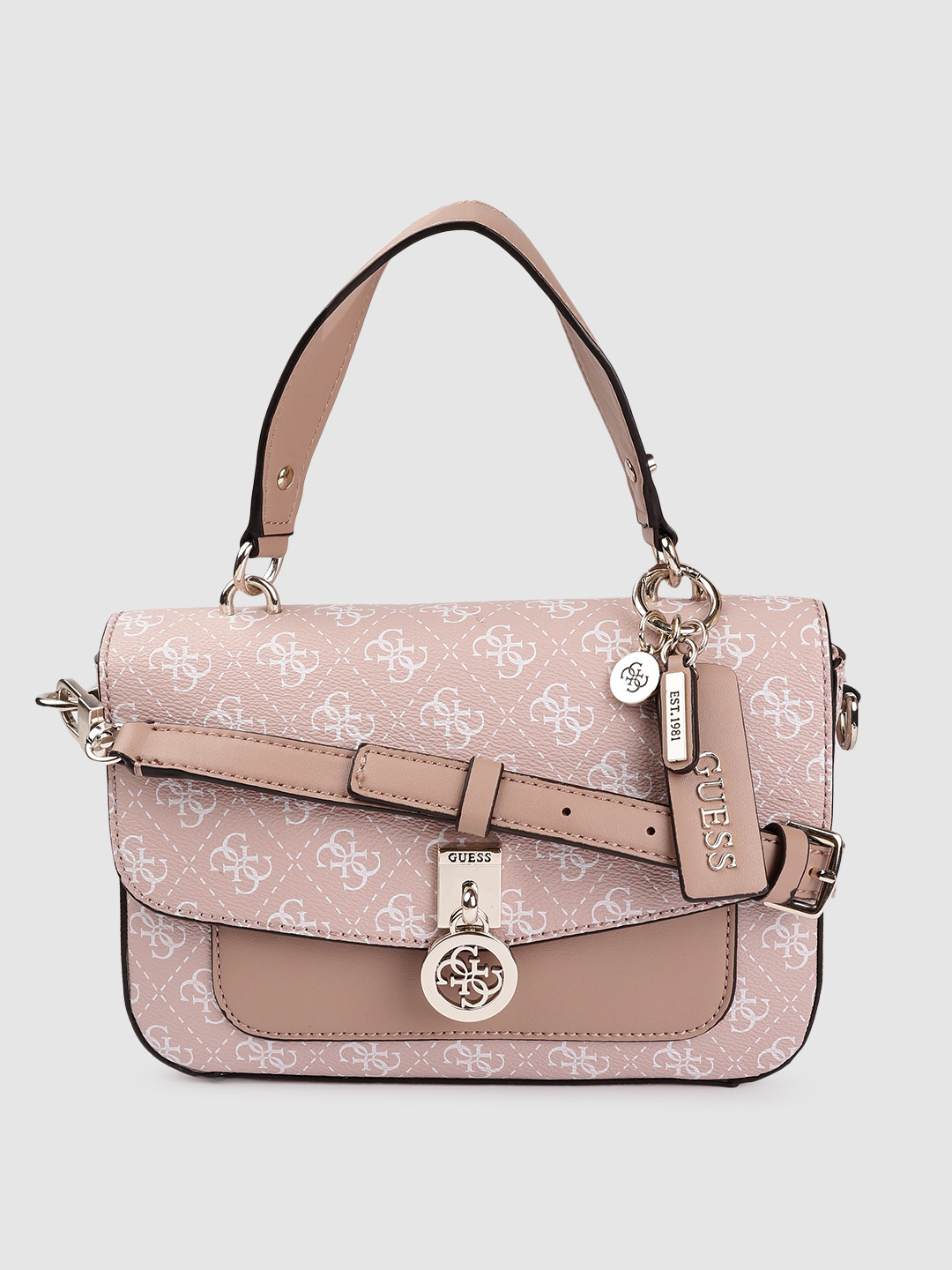 Buy GUESS Peach Coloured & White Checked Structured Satchel With Tab ...
