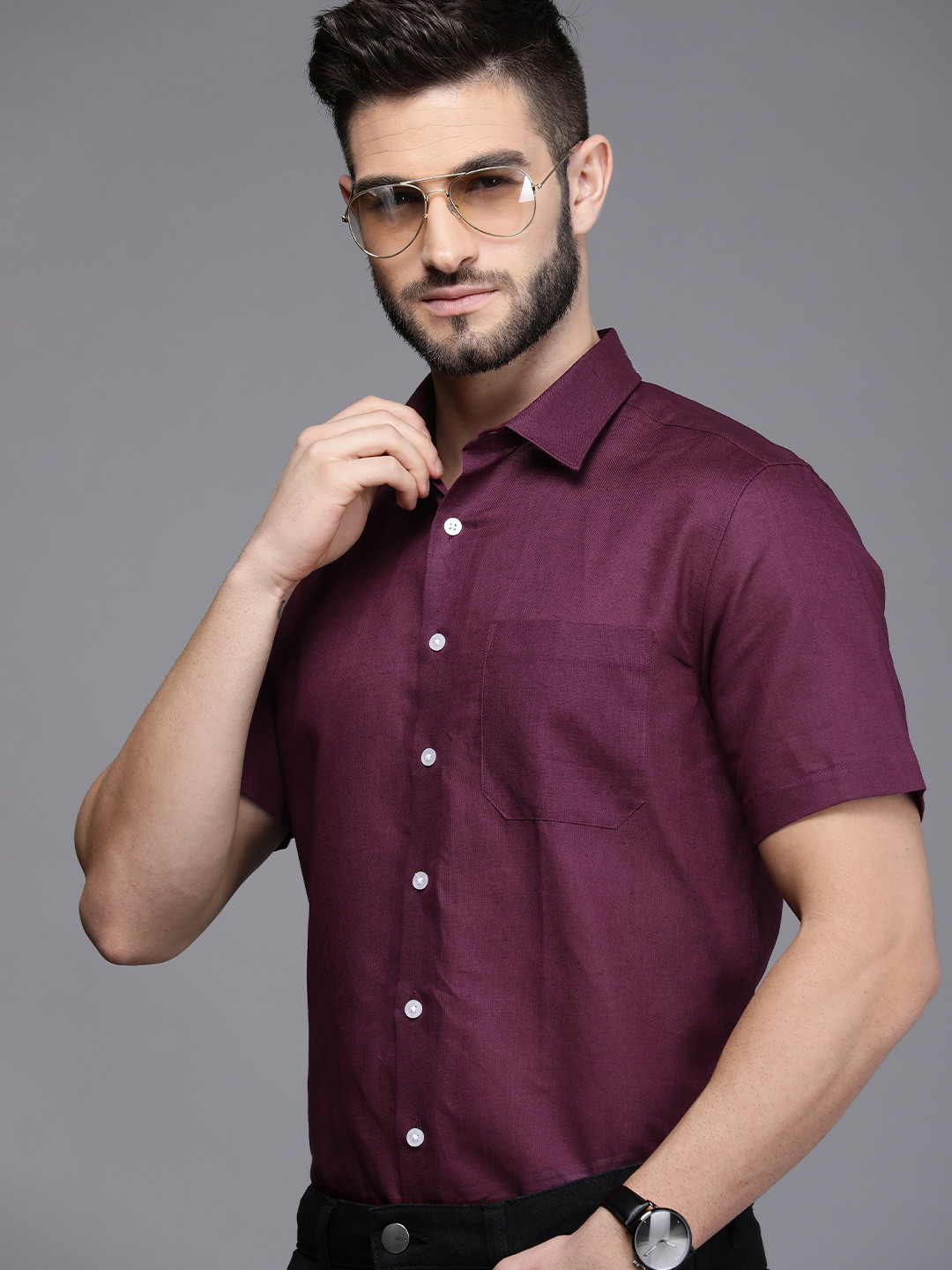 Buy Louis Philippe Men Burgundy Solid Slim Fit Cotton Linen Semiformal ...