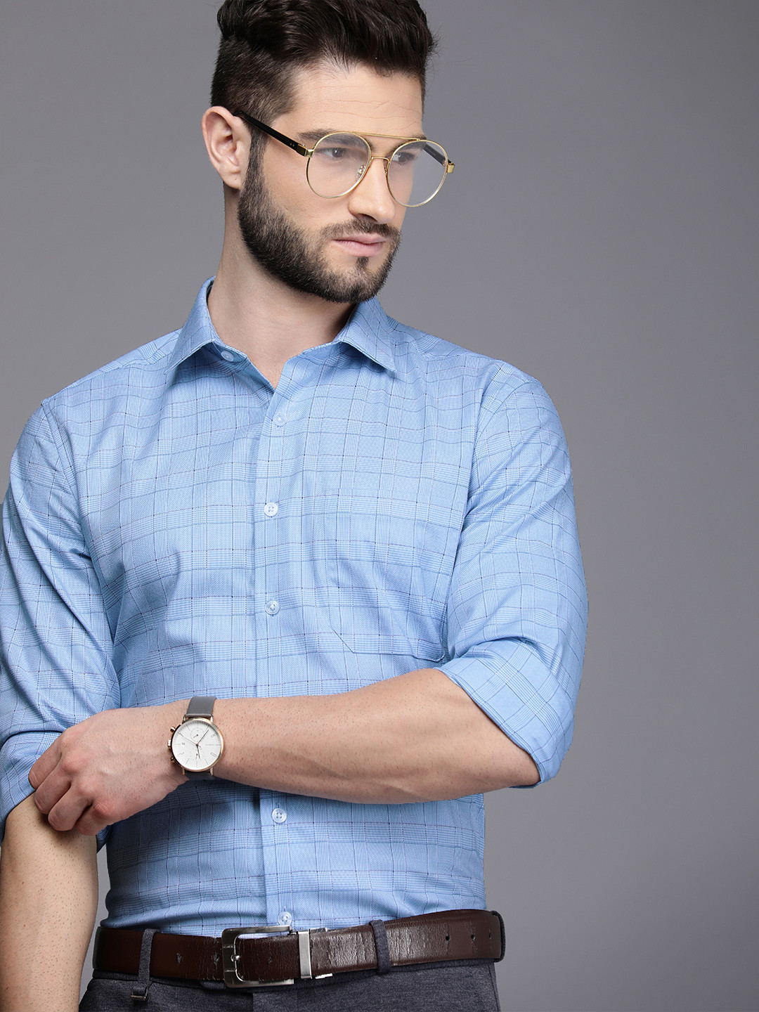 Buy Louis Philippe Men Blue Slim Fit Checked Pure Cotton Formal Shirt ...