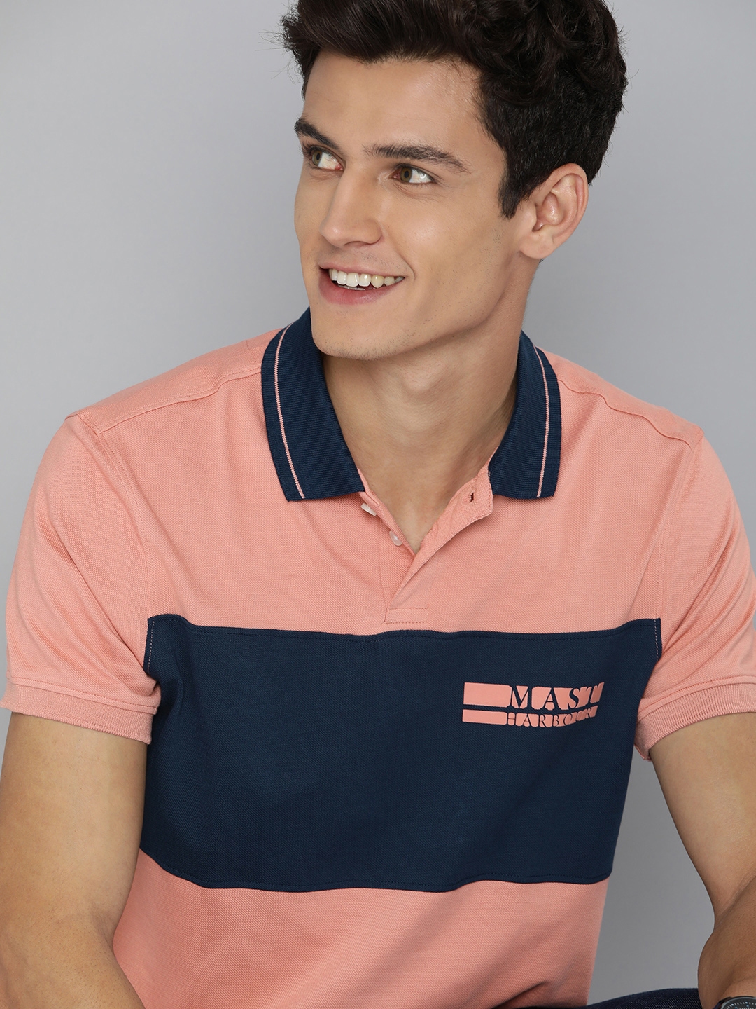 Buy Mast And Harbour Men Coral Pink And Navy Blue Colourblocked Polo Collar