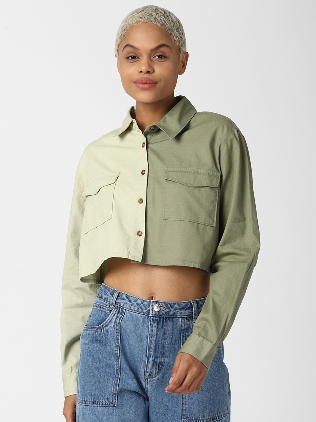 Buy Forever 21 Green Colourblocked Cotton Shirt Style Crop Top Tops