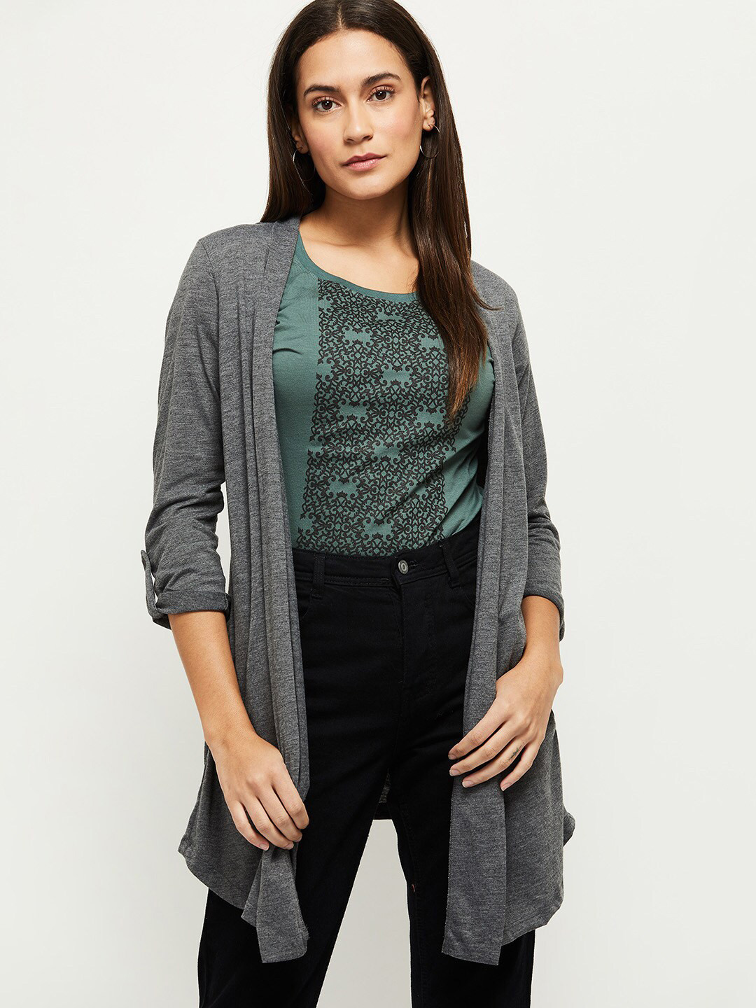 Buy Max Women Grey Melange Solid Front Open Longline Shrug - Shrug for ...