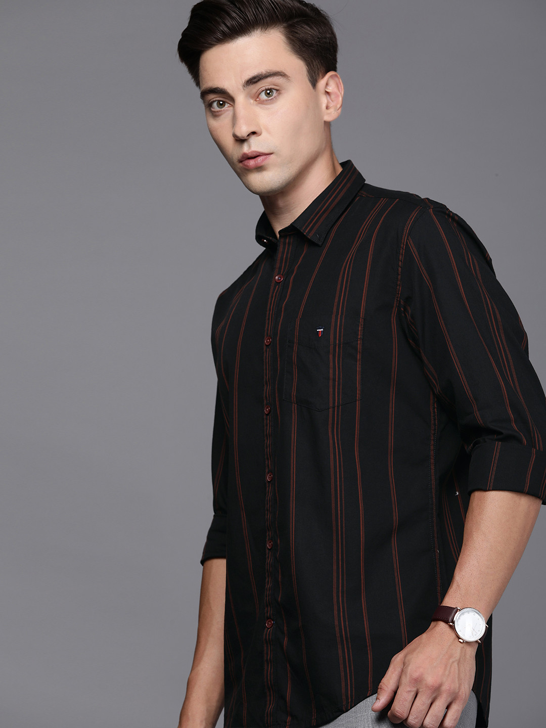 Buy Louis Philippe Sport Men Black Slim Fit Striped Pure Cotton Casual ...