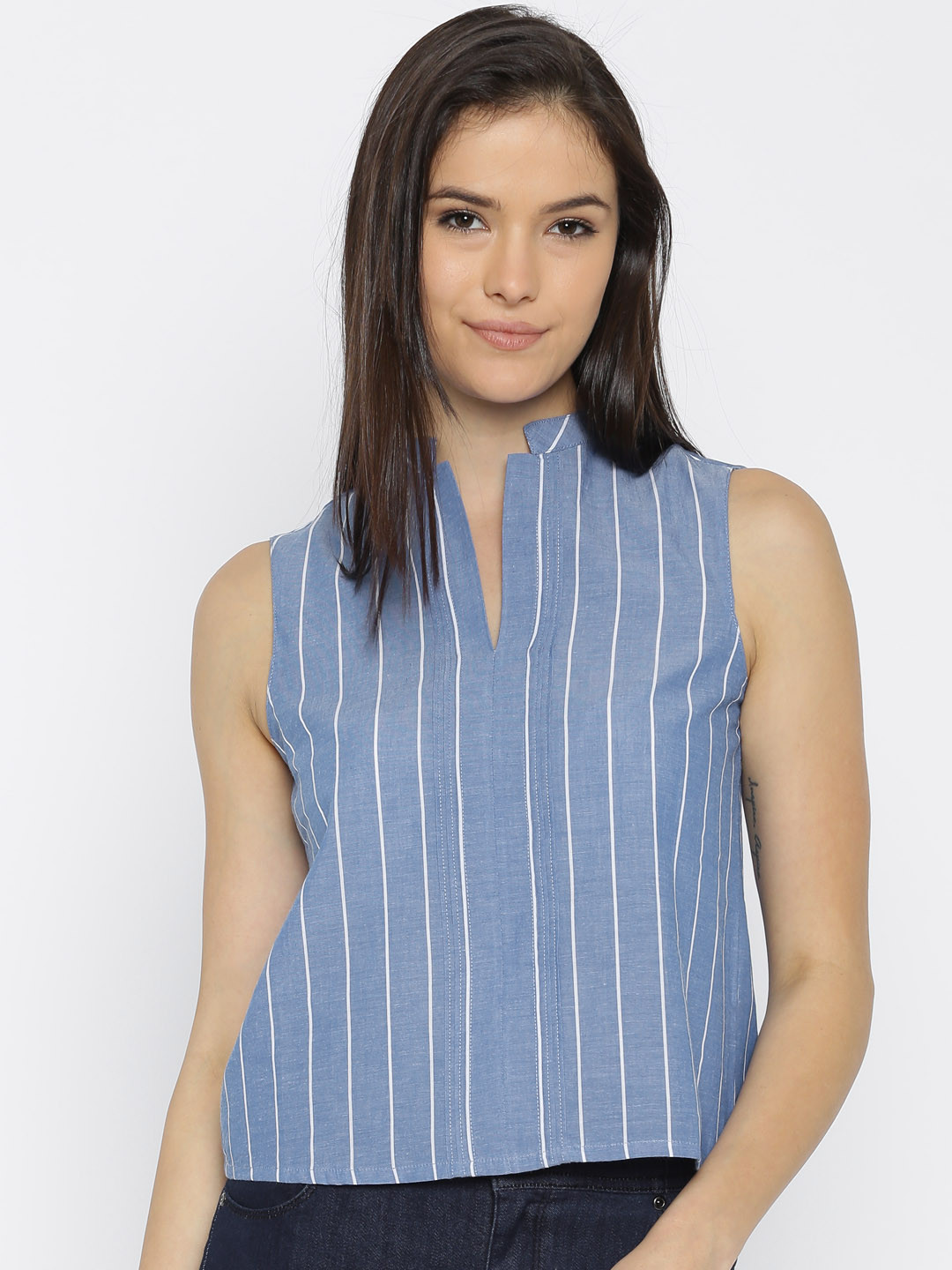 Buy Vero Moda Women Blue & White Striped Pure Cotton Top - Tops for ...